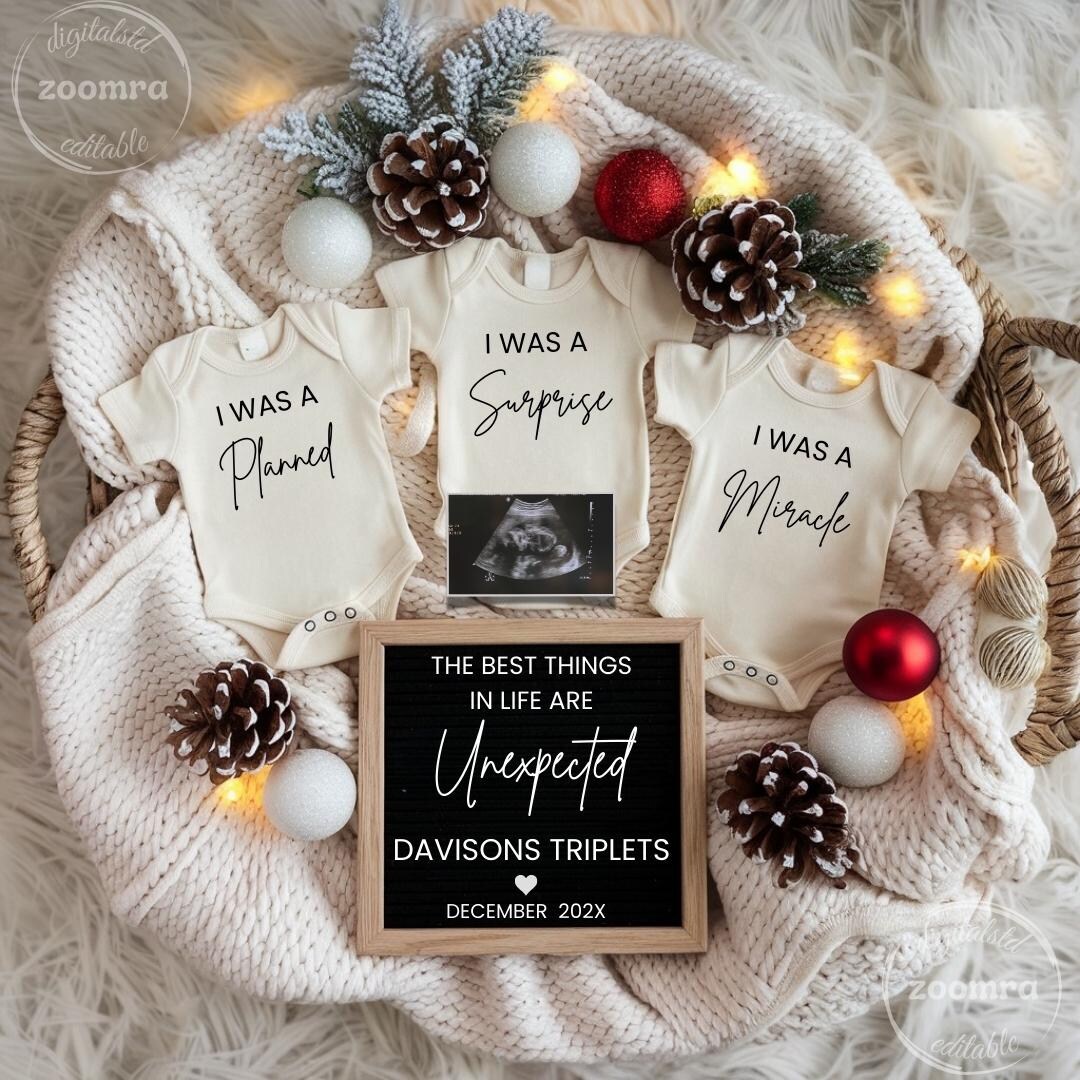 Triplets Christmas Pregnancy Announcement, Editable Winter Triplets ...