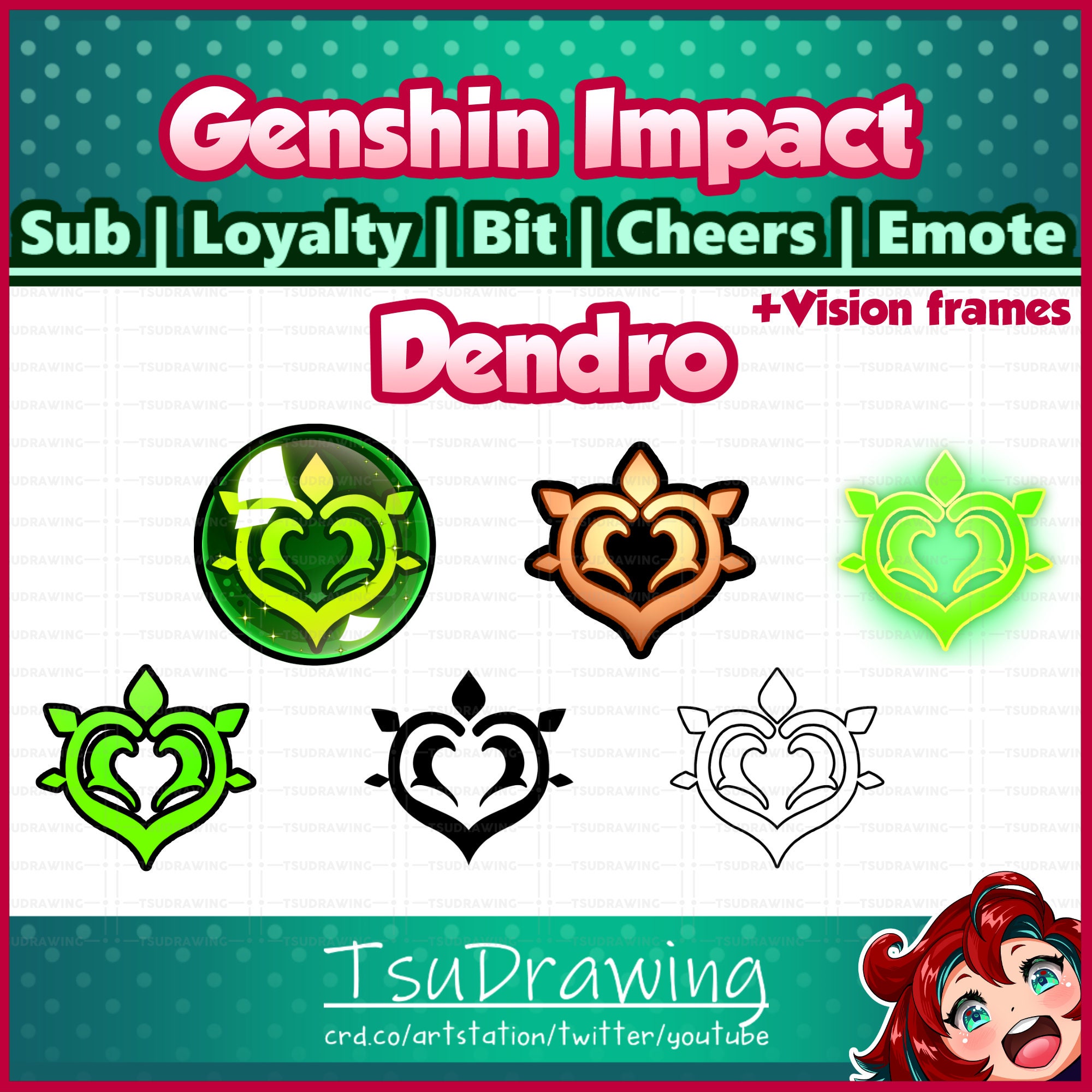 Fanart 18 Pack Genshin Impact Elements Dendro Vision Frames Nations in Gold/silver Twitch Sub ...