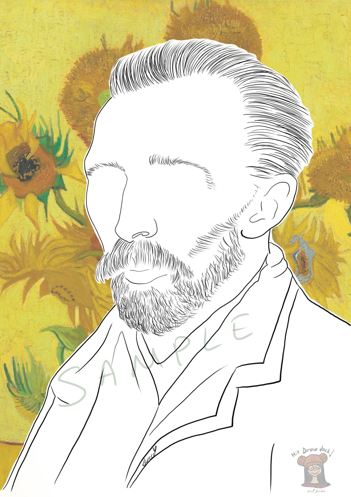 Vincent Van Gogh Line Drawing Poster With Sunflowers - Etsy