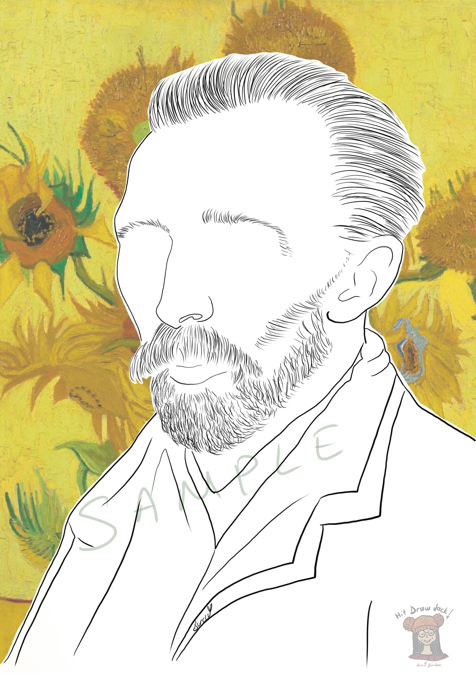 Vincent Van Gogh Line Drawing Poster With Sunflowers - Etsy
