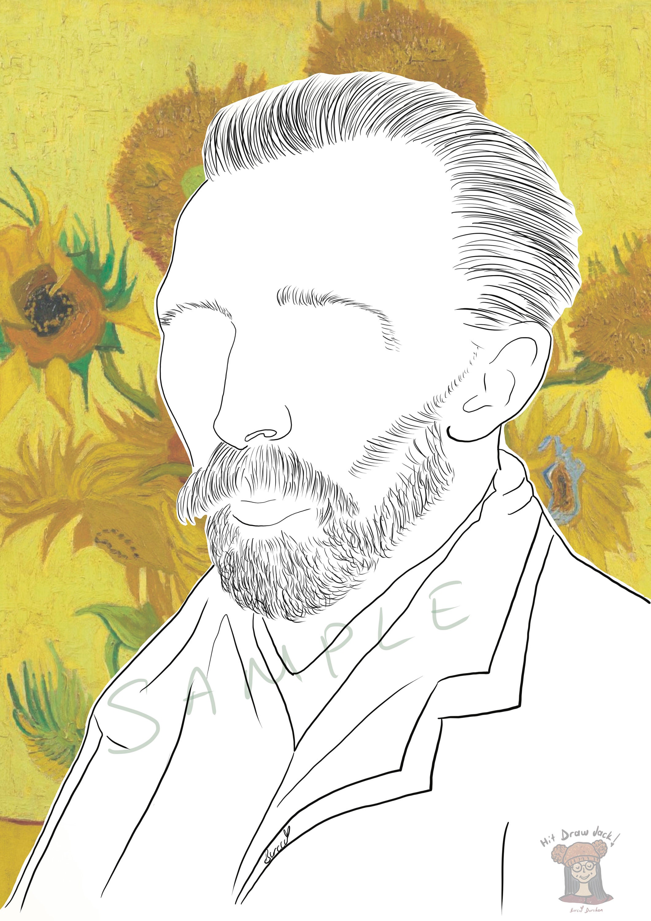 Van Gogh Line Art Portrait With Sunflowers (digital Download) - Etsy