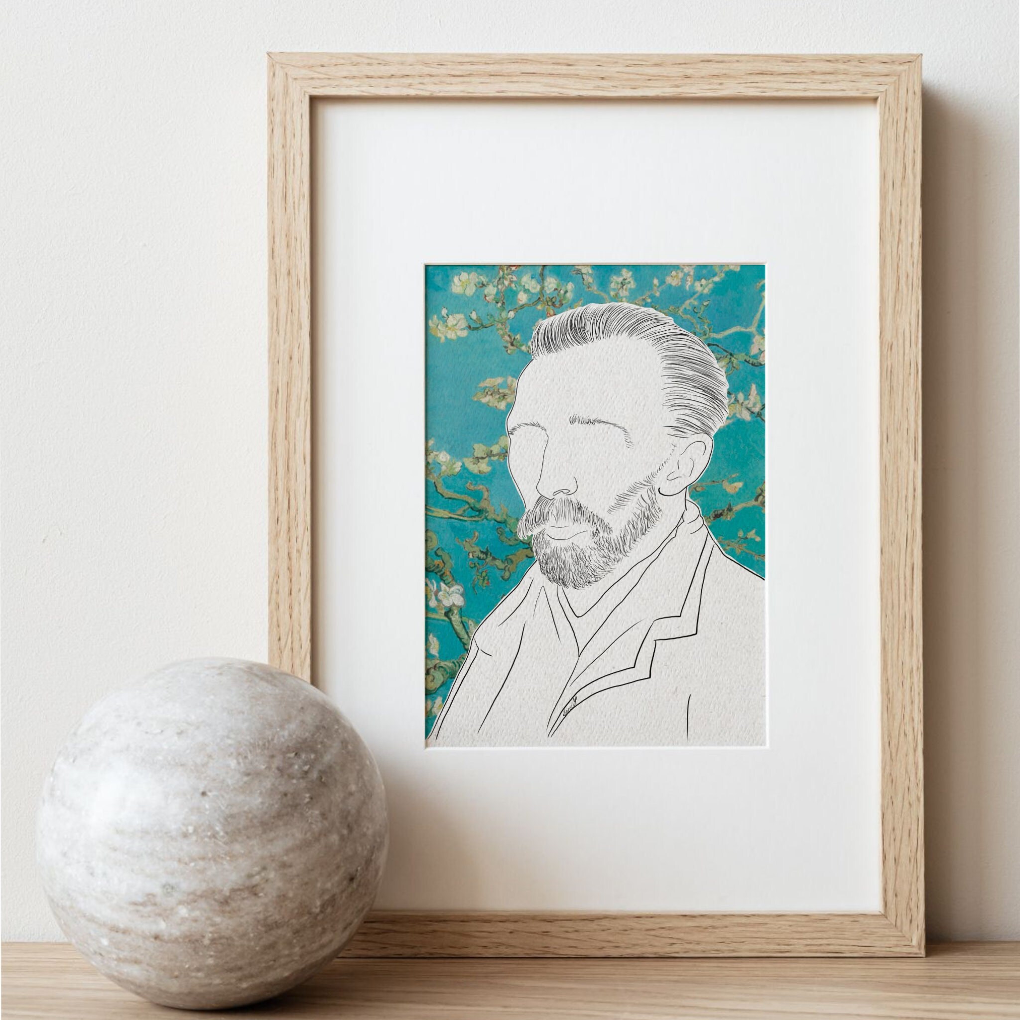 Van Gogh Line Drawing Poster With Almond Blossom Background, Van Gogh ...