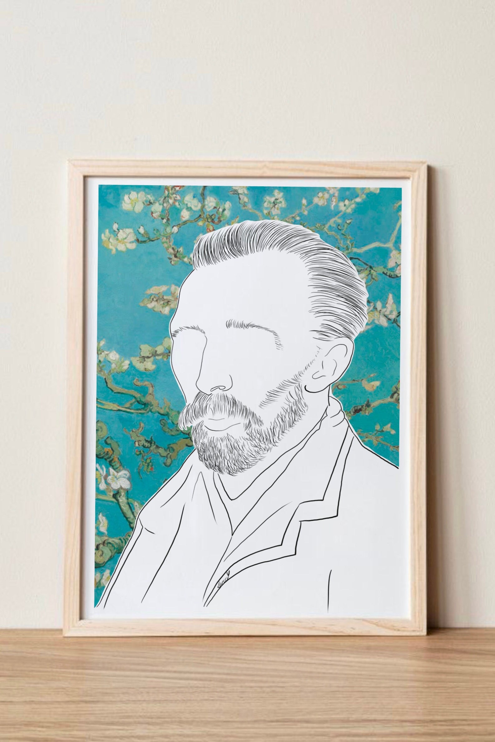 Van Gogh Line Drawing Poster With Almond Blossom Background, Van Gogh ...