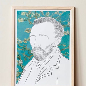 Van Gogh Line Drawing Poster With Almond Blossom Background, Van Gogh ...