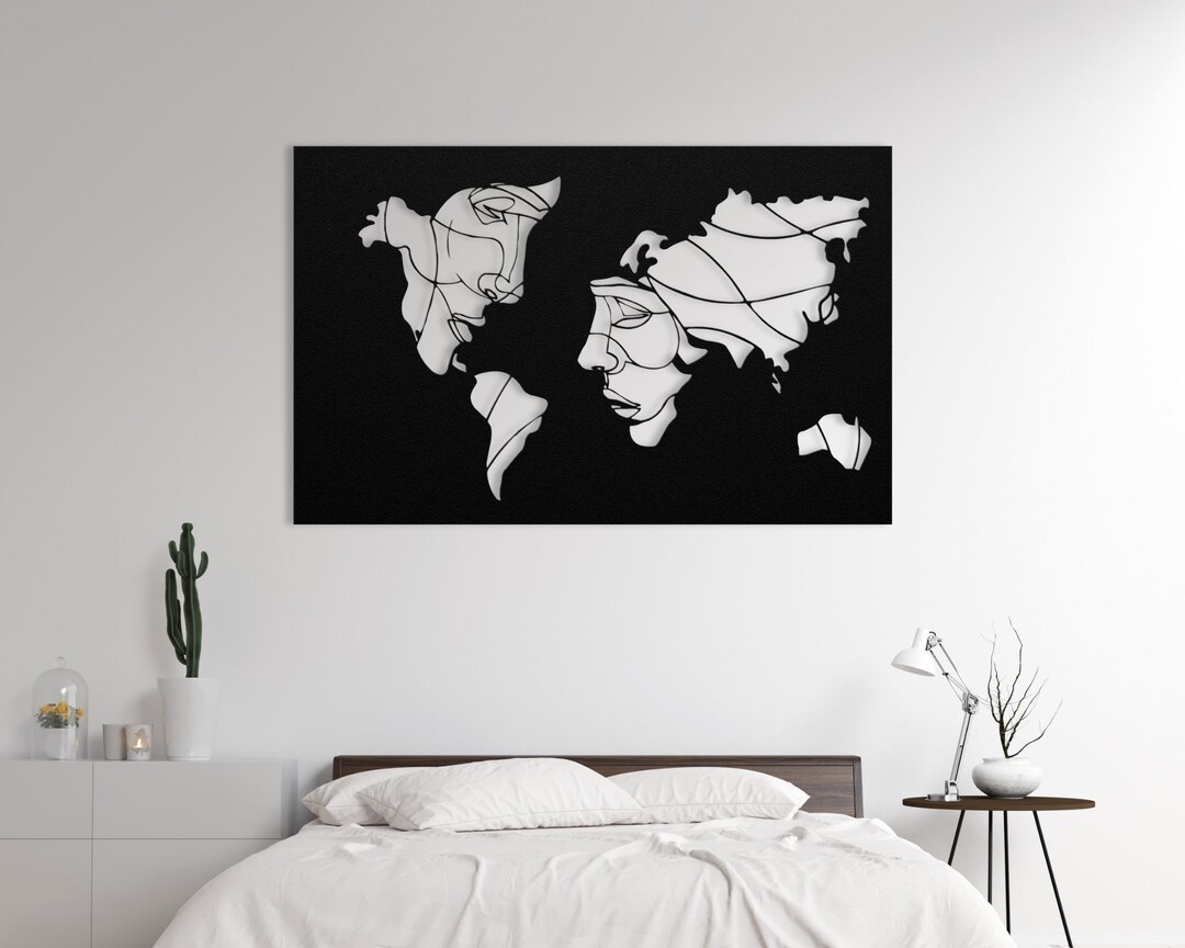 Face World Map Metal Wall Art, Face Line Art, Living Room Home Decor - Etsy