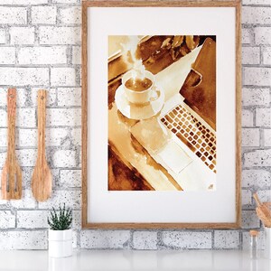Original Coffee Painting, Laptop and Coffee Cup Still Life, A4 Art - Etsy
