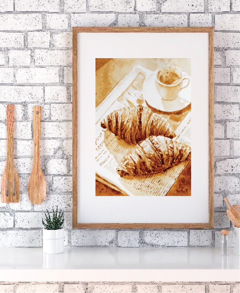 Croissants Coffee Painting, Earth Shades Wall Art, Warm Palette Art ...