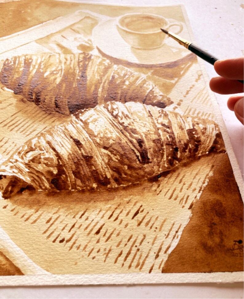 Croissants Coffee Painting, Earth Shades Wall Art, Warm Palette Art ...