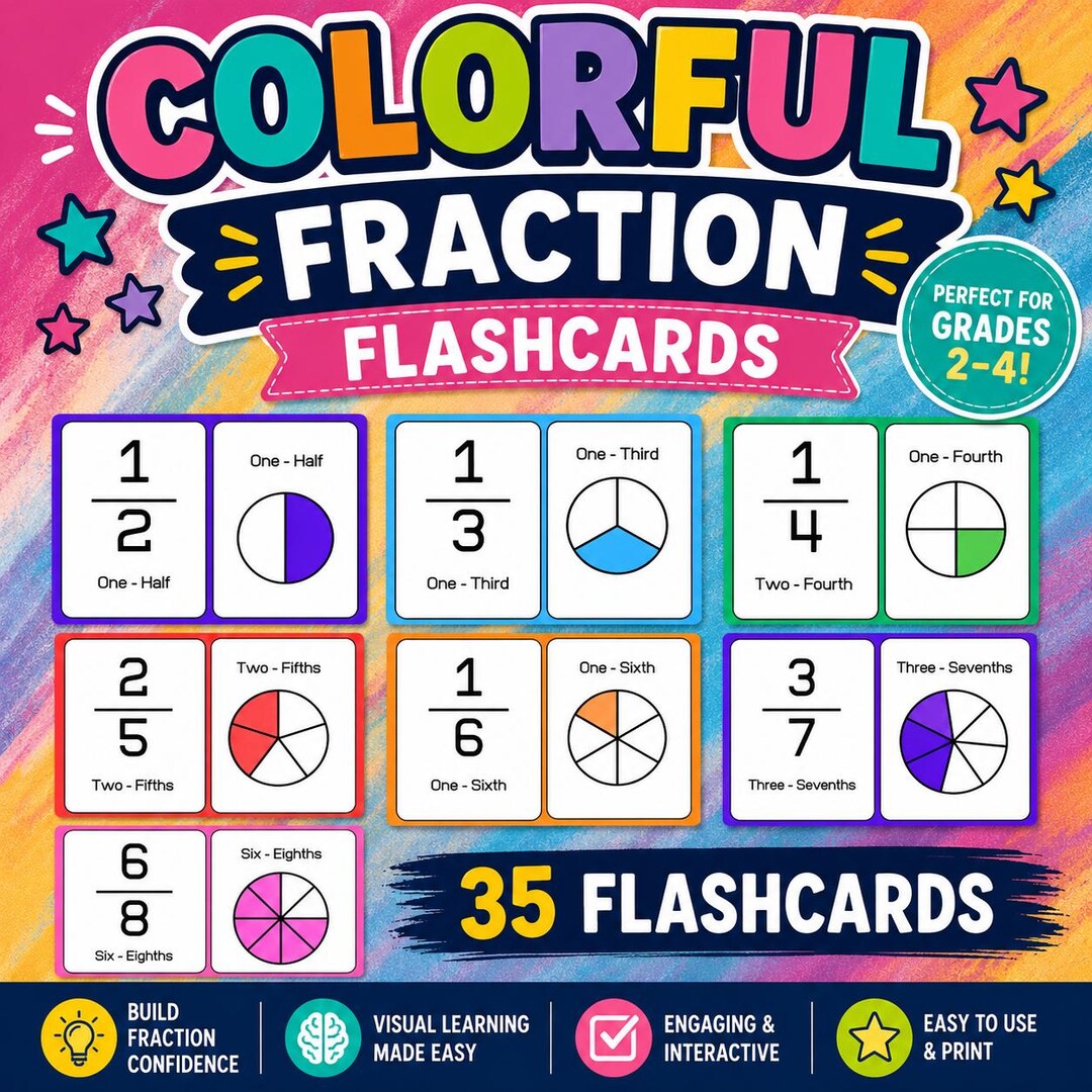 Fraction Flashcards With Visuals, Digital Download Math Center ...