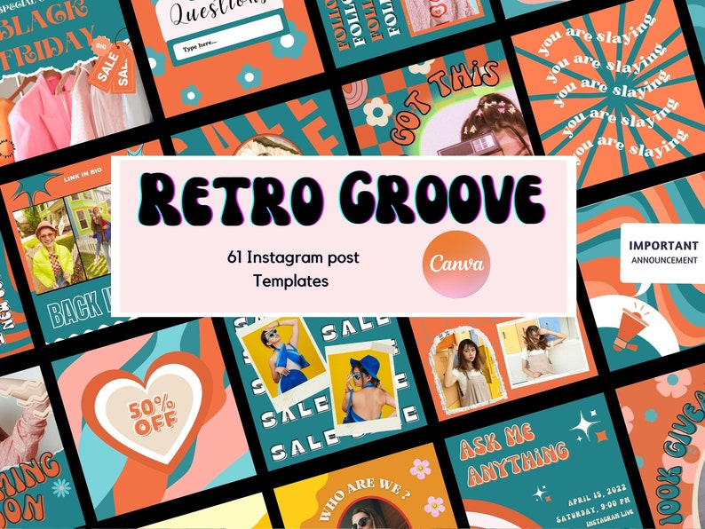Retro Vibes Instagram Post Templates | Bright 90's Social Media ...