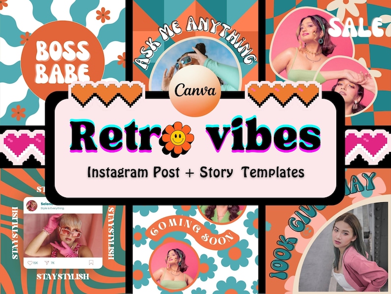 Retro Vibes Instagram Post Templates | Bright 90's Social Media ...