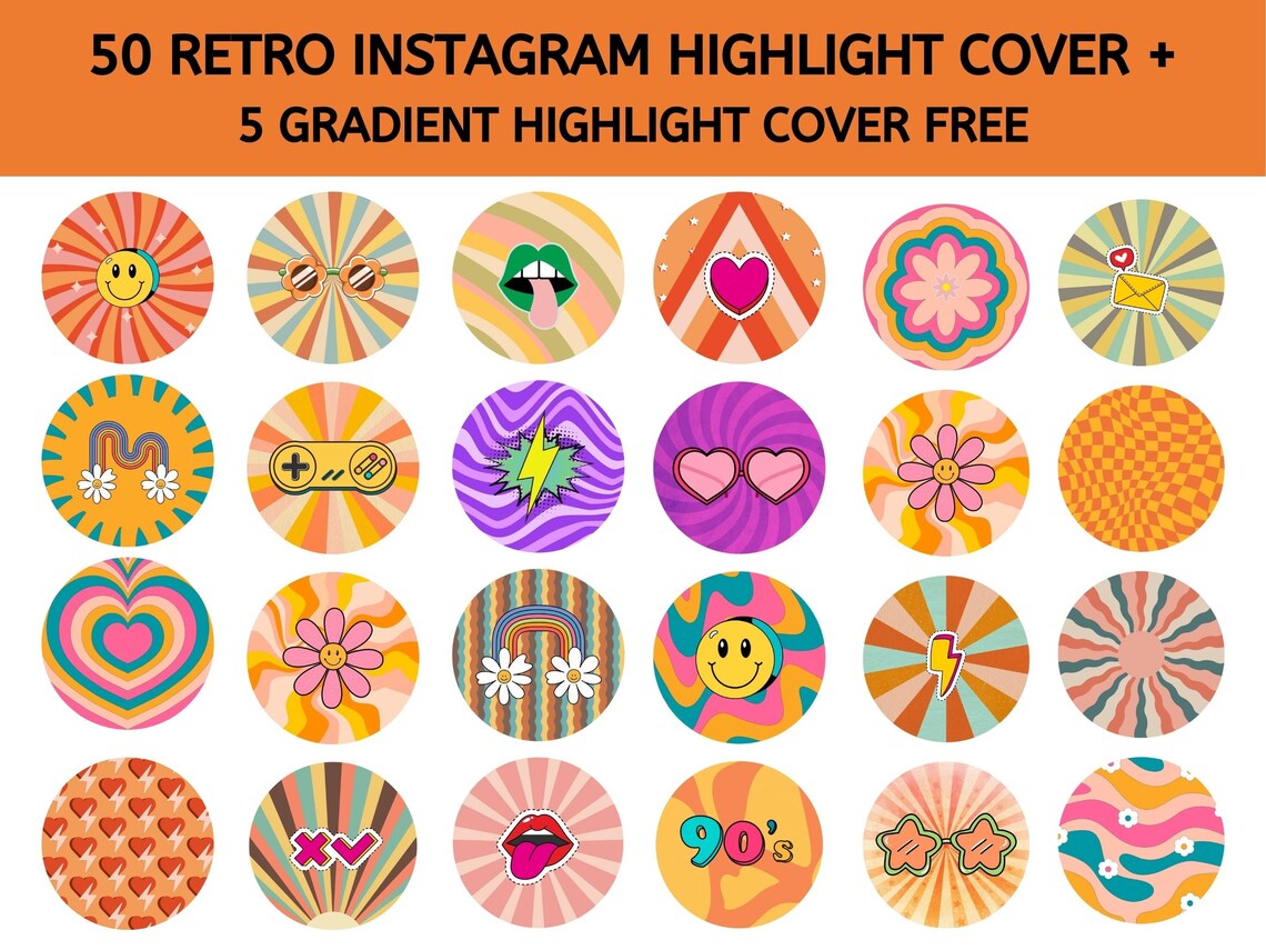Retro Instagram Highlight Covers 70s Retro Rainbow Set of 50 Digital ...