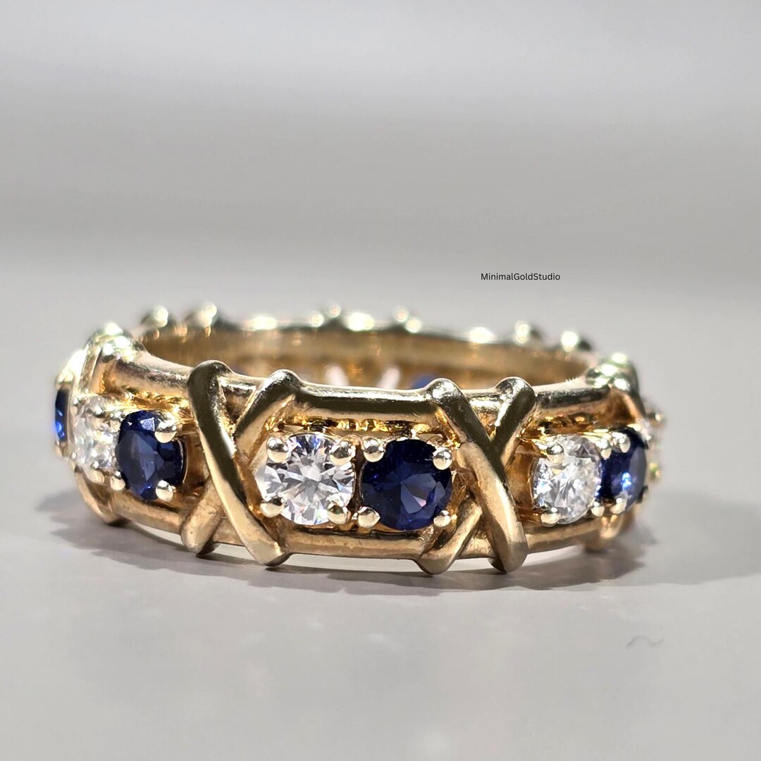 Blue Sapphire Men Wedding Band Silver Criss Cross Design With ...