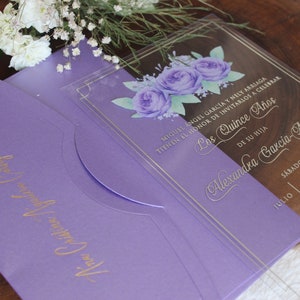 Quinceanera Purple Floral Acrylic Invitation, Silver Foil Printing ...