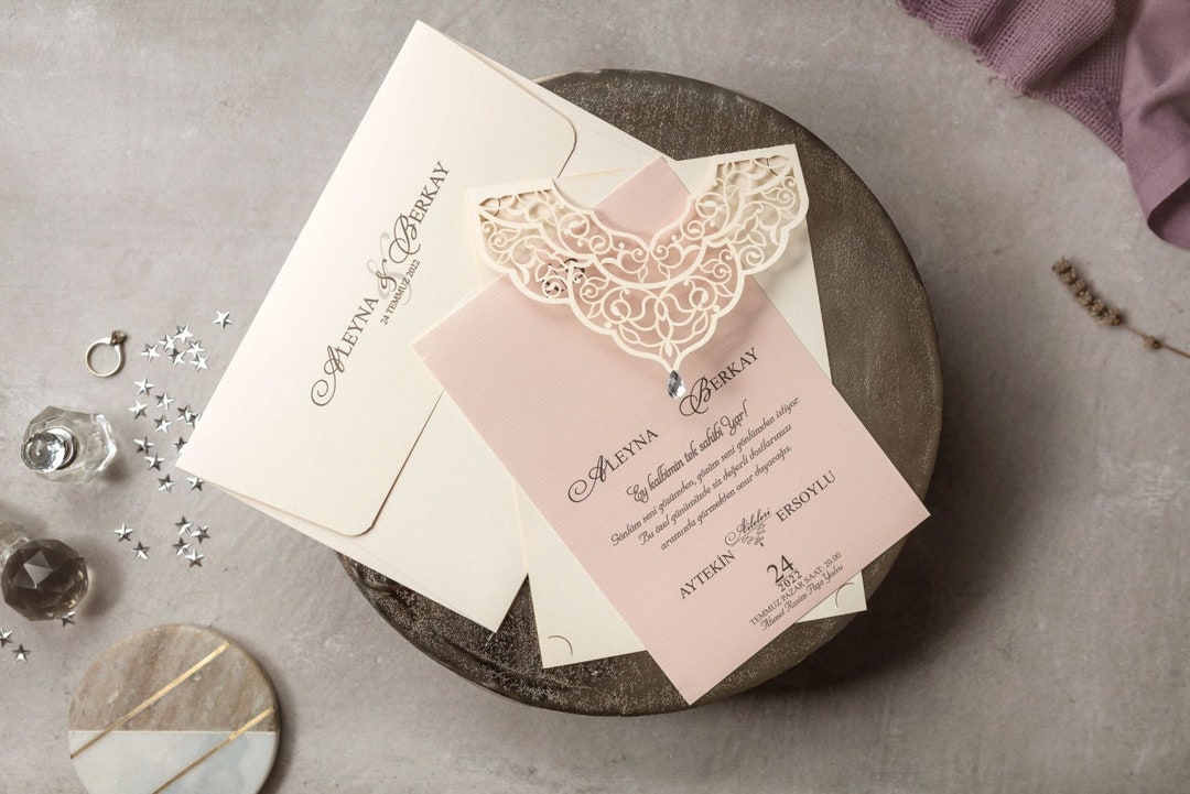 Elegant Laser Cut Paper Wedding Invitation Set, Cream Envelope, Wedding ...