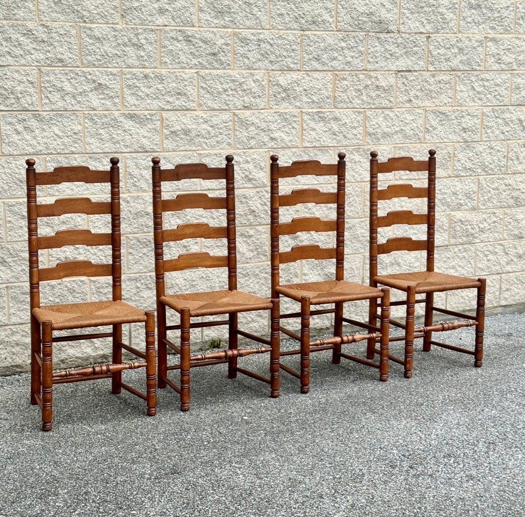Set of 4 Rustic Vintage Walnut Ladder Back Rush Dining Chairs - Etsy