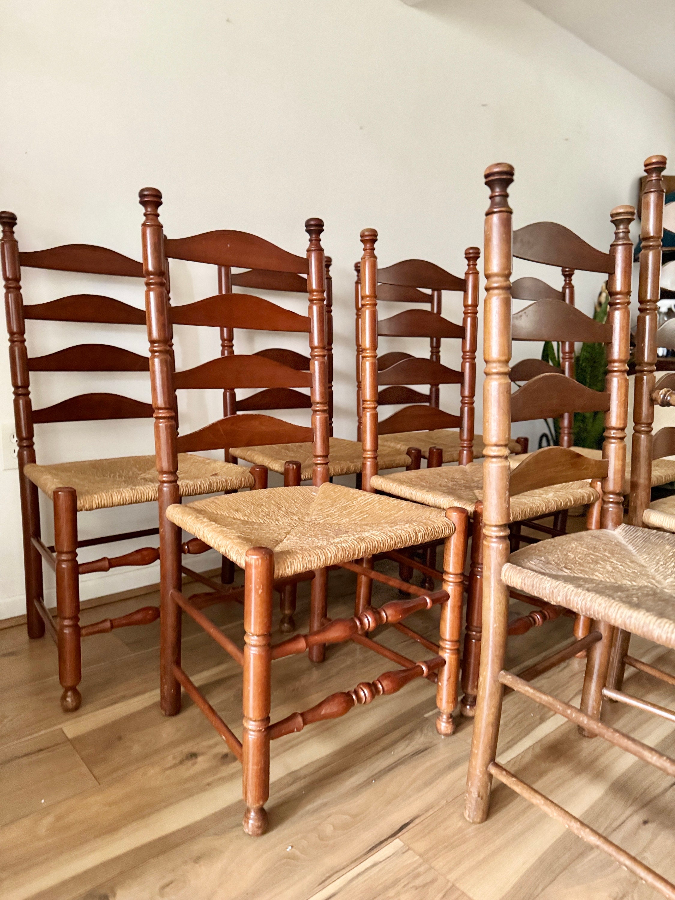 RESERVED A Set of Eight Rustic Vintage Cherry Ladder Back Rush Dining ...