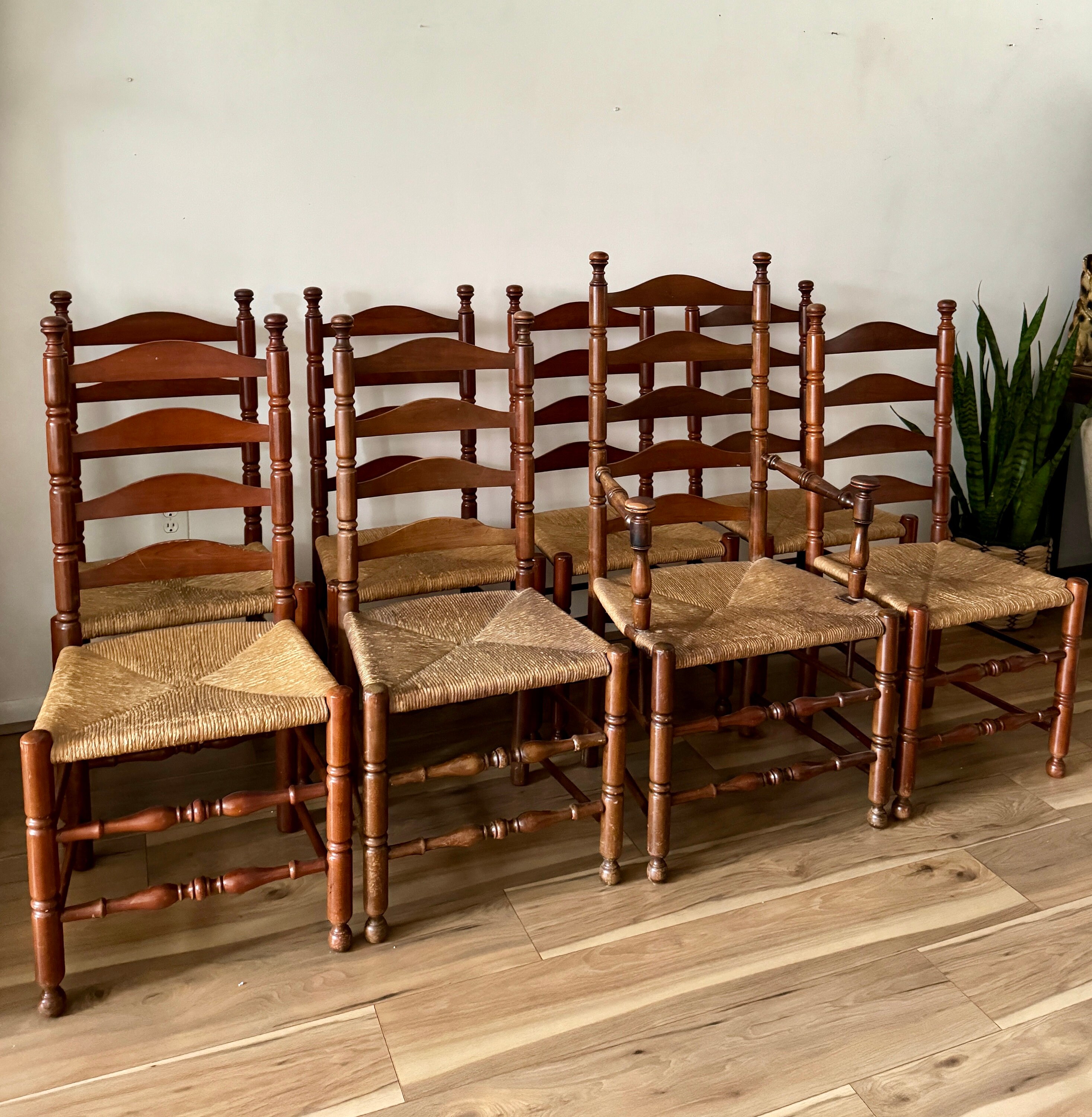 RESERVED A Set of Eight Rustic Vintage Cherry Ladder Back Rush Dining ...