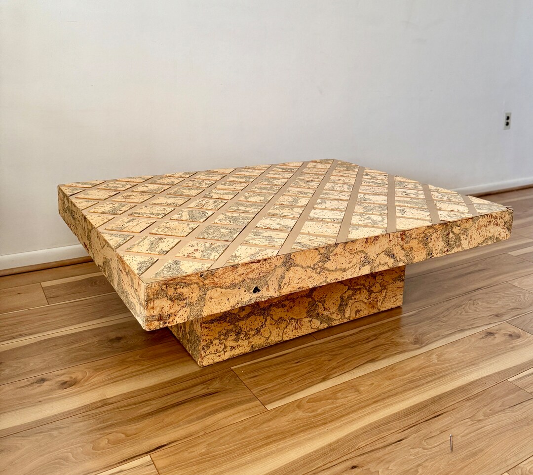 Large Vintage Cork Coffee Table With Golden Inlay, Post Modern Cocktail ...