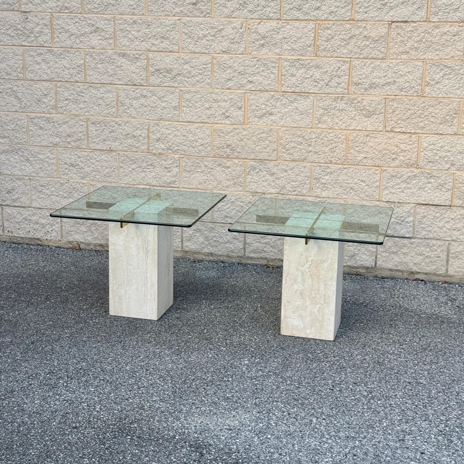 Pair of Post Modern Glass Top Side Tables With Travertine Bases - Etsy