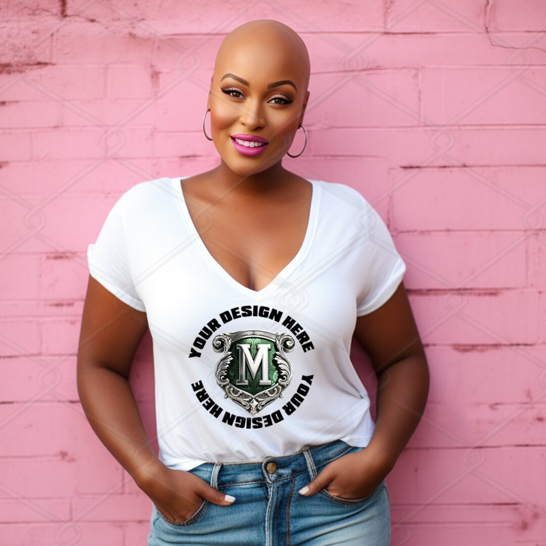 Black Bald Baldie Woman Model Mockup White Tshirt Mockup, Plus Size ...