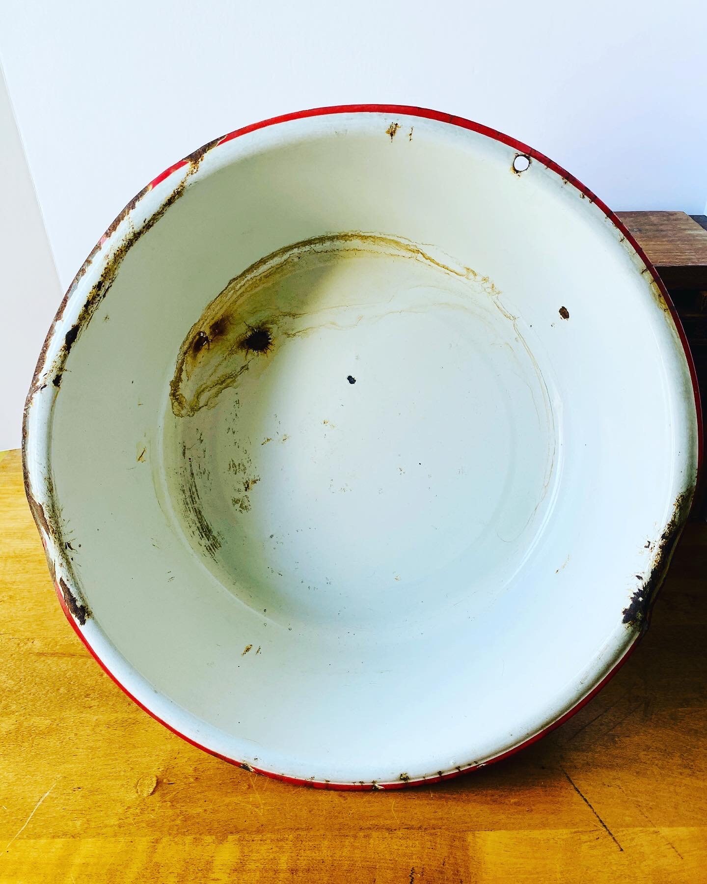 Large Rustic White Enamel Wash Bowl With Red Edge - Etsy