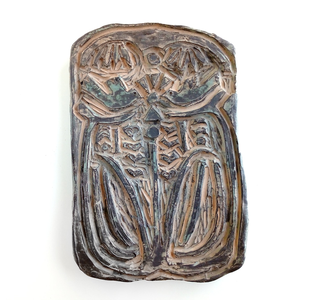 Birds and Tree Relief Ceramic Tile Primitive Rustic Tribal Small Relief ...