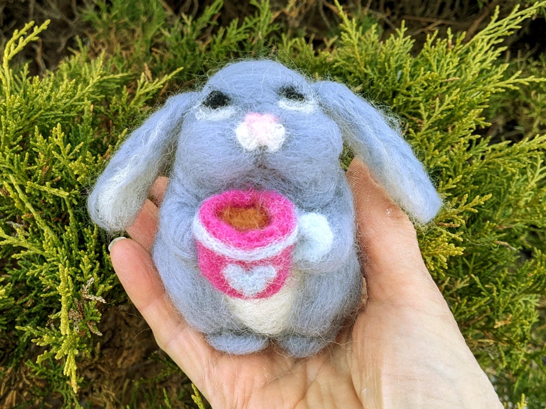 Plump Wool Bunny With Small Wool Teacup, 100% Wool, Soft and Natural ...
