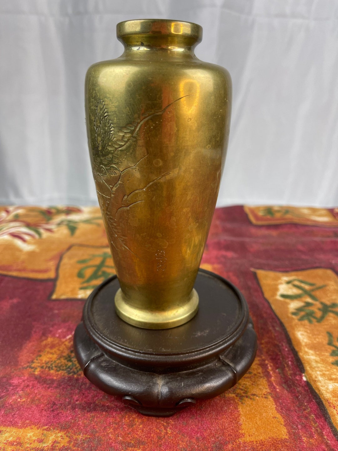 Vintage Chinese Brass Vase With Etchings /landscape/mountains - Etsy