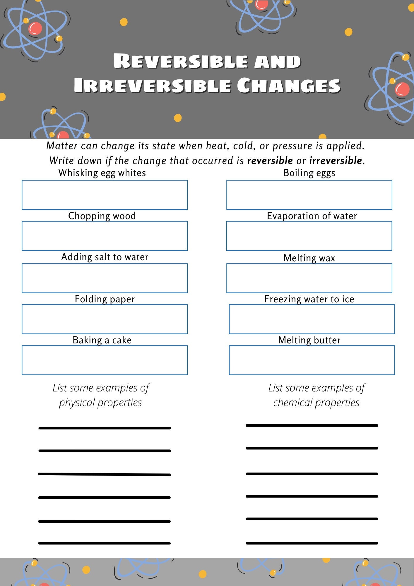 Chemical And Physical Changes Worksheet