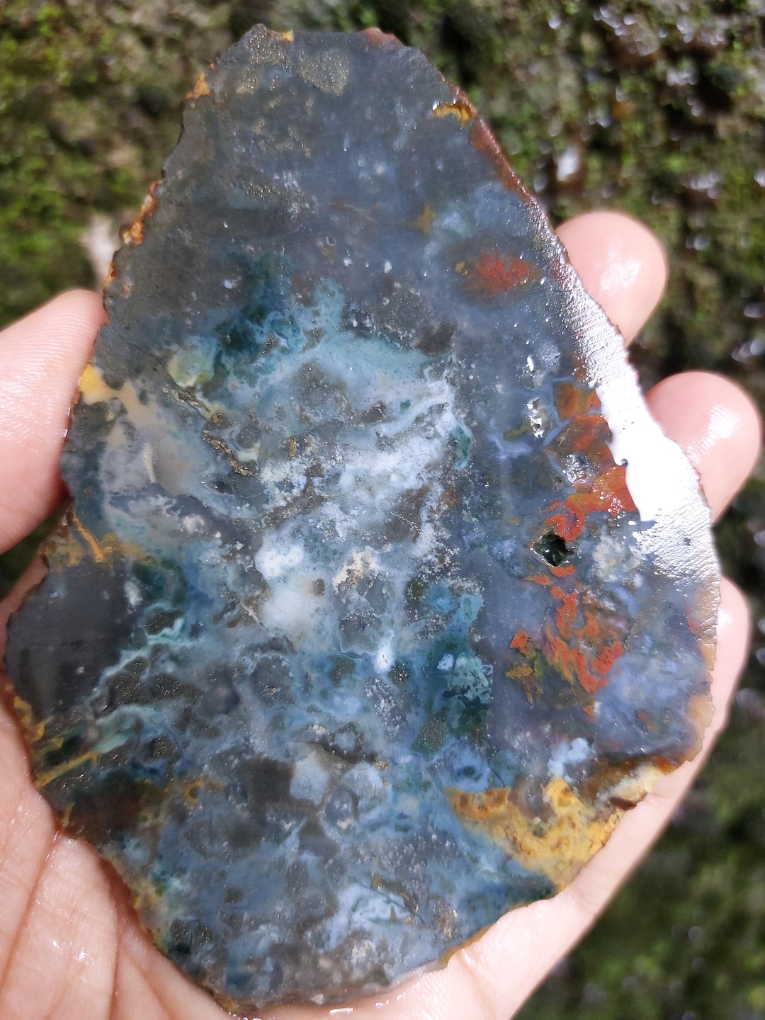 Raw Moss Jasper Slab – Natural Stone Slice, Unpolished Photographed Wet ...