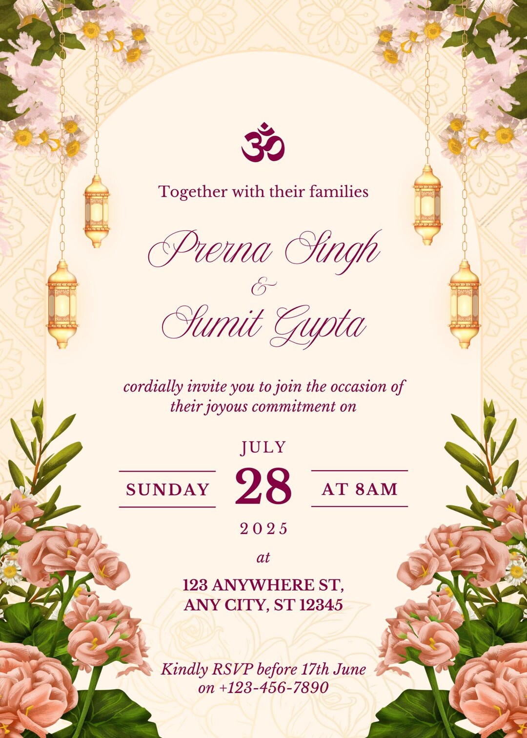 Printable Indian Style Wedding Invitation, Fully Customisable - Etsy