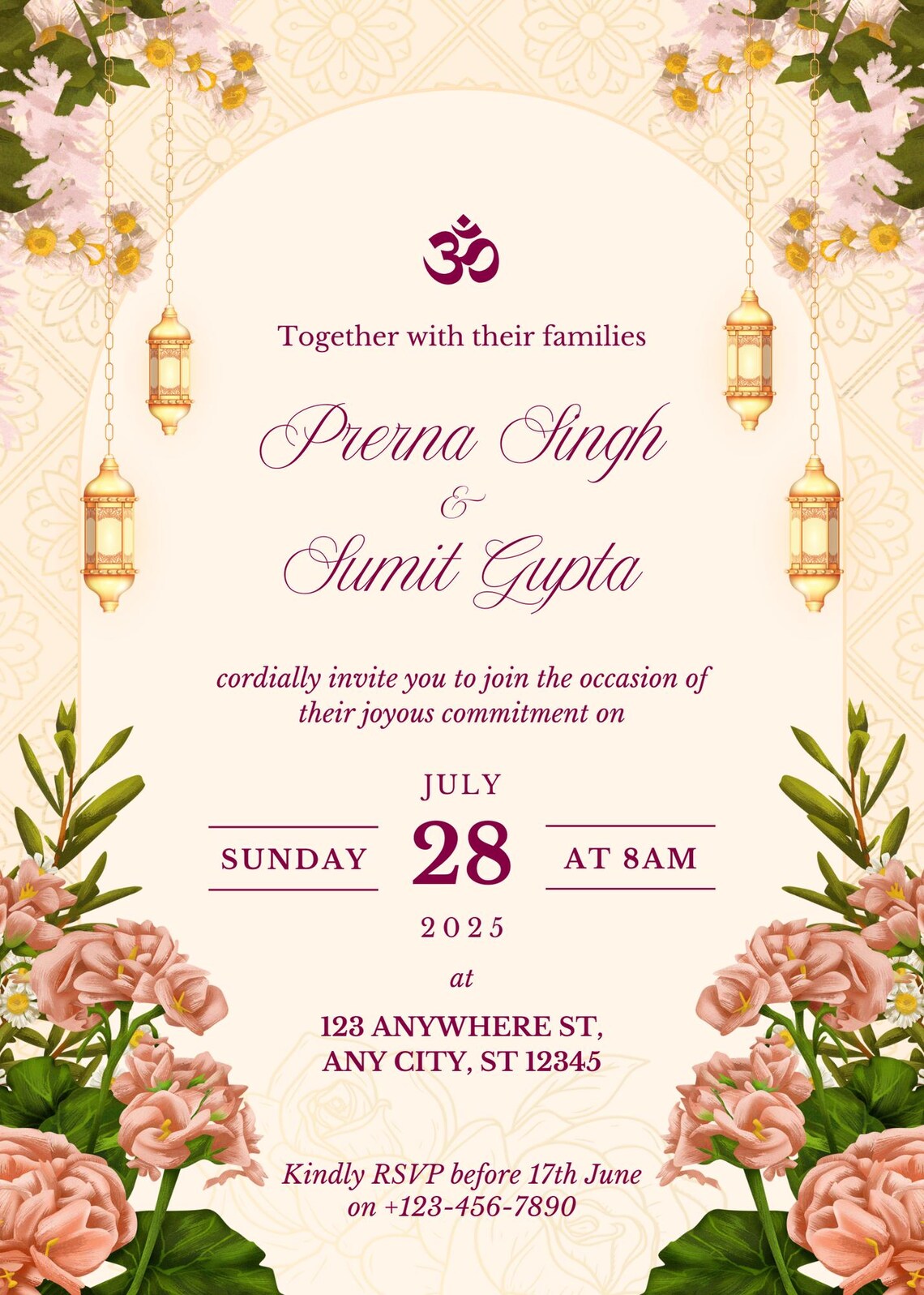 Printable Indian Style Wedding Invitation, Fully Customisable - Etsy