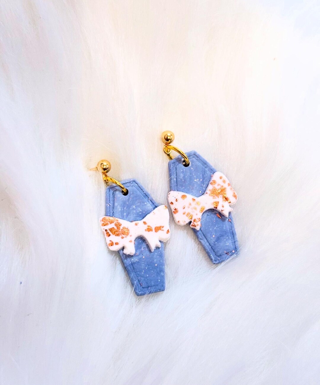 Morticia : Coffin Polymer Clay Dangle With Bow Blue With White and Rose ...