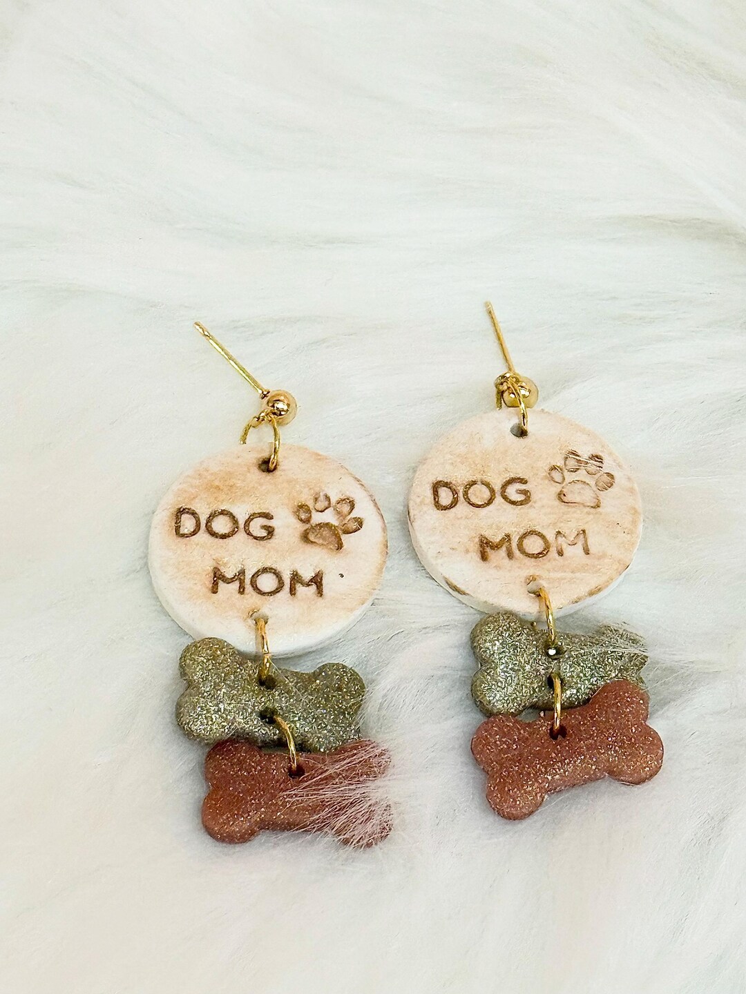 Sasha: Polymer Clay Dog Mom and Bones Rise Gold, Gold Post Dangle ...