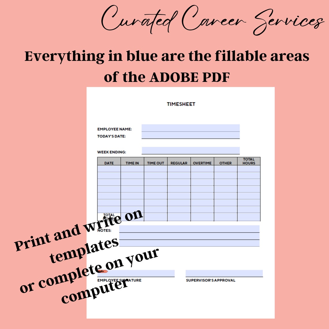 TIMESHEET CUSTOMIZABLE, Portrait, Word, Fillable Pdf, Timecard ...