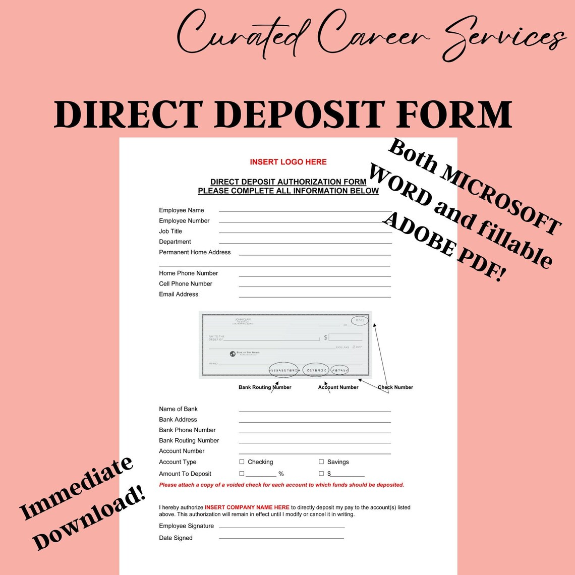 DIRECT DEPOSIT Form, Payroll Deposit Template, New Hire Onboarding ...