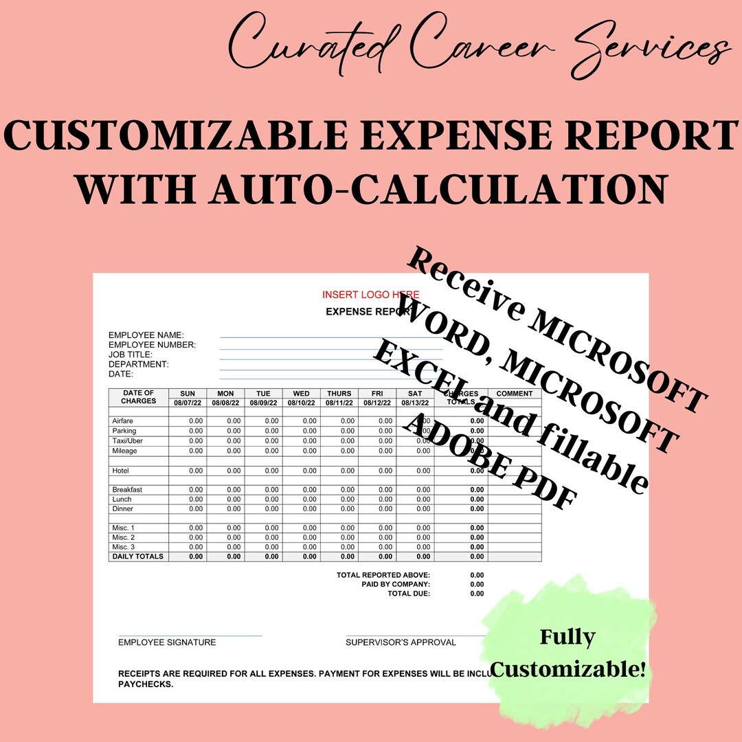 Expense Report Template With Formulas, Microsoft Excel, Employee ...