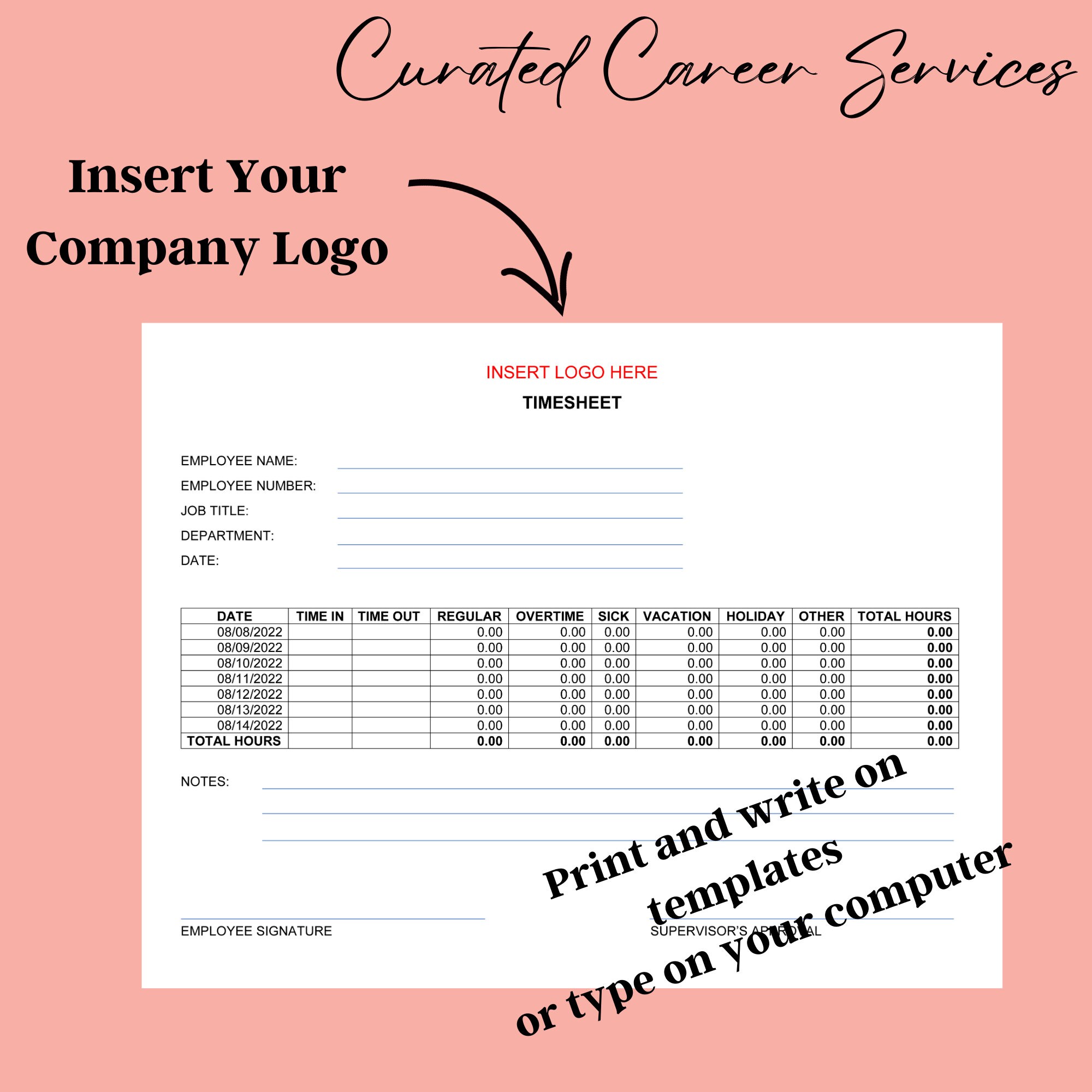 LANDSCAPE TIMESHEET, CUSTOMIZABLE, Word, Excel and Fillable Pdf ...