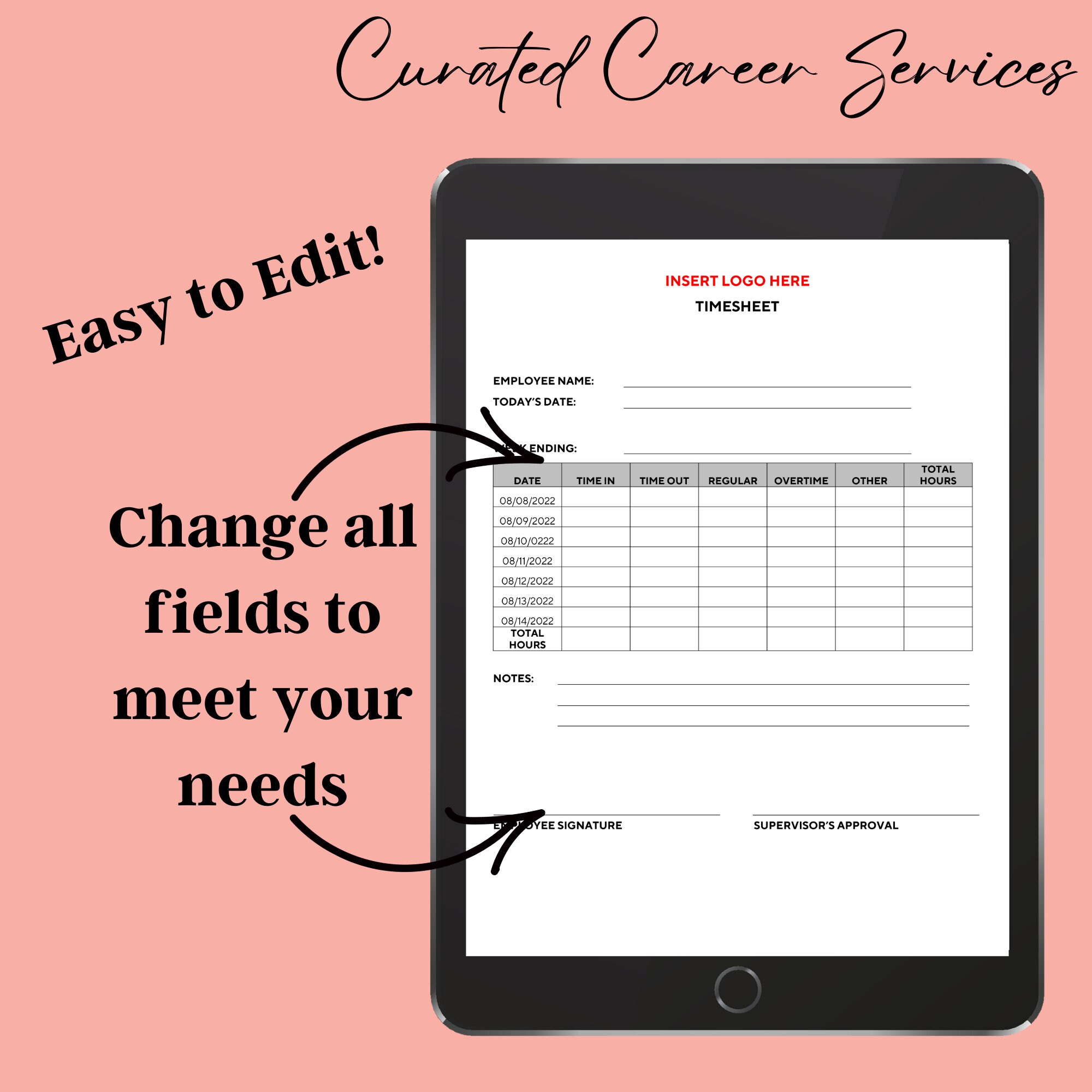 TIMESHEET CUSTOMIZABLE, Portrait, Word, Fillable Pdf, Timecard ...