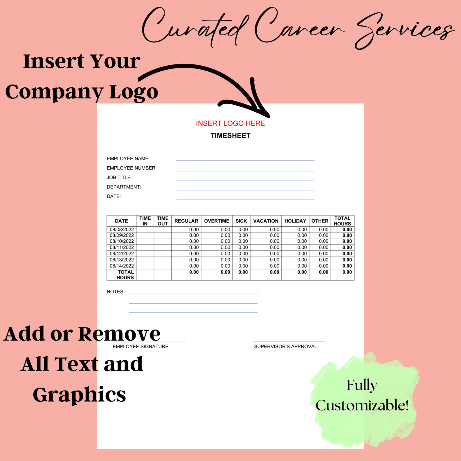 Employee Timesheet Printable, With Formulas, Customizable, Timecard ...