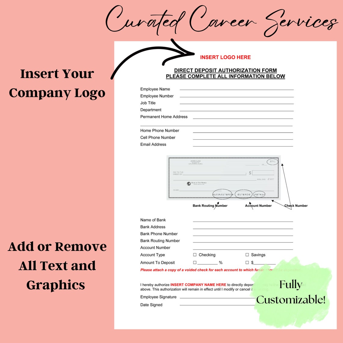 DIRECT DEPOSIT Form, Payroll Deposit Template, New Hire Onboarding ...