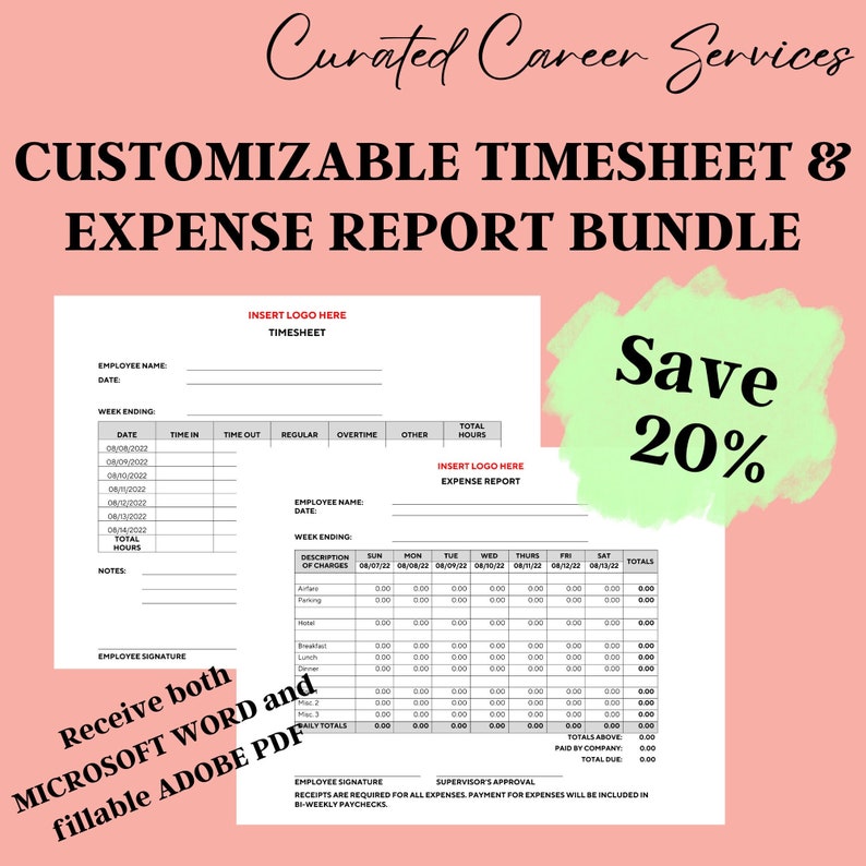 Timesheet and Expense Report Bundle – Basic Timesheet + Basic Expense ...