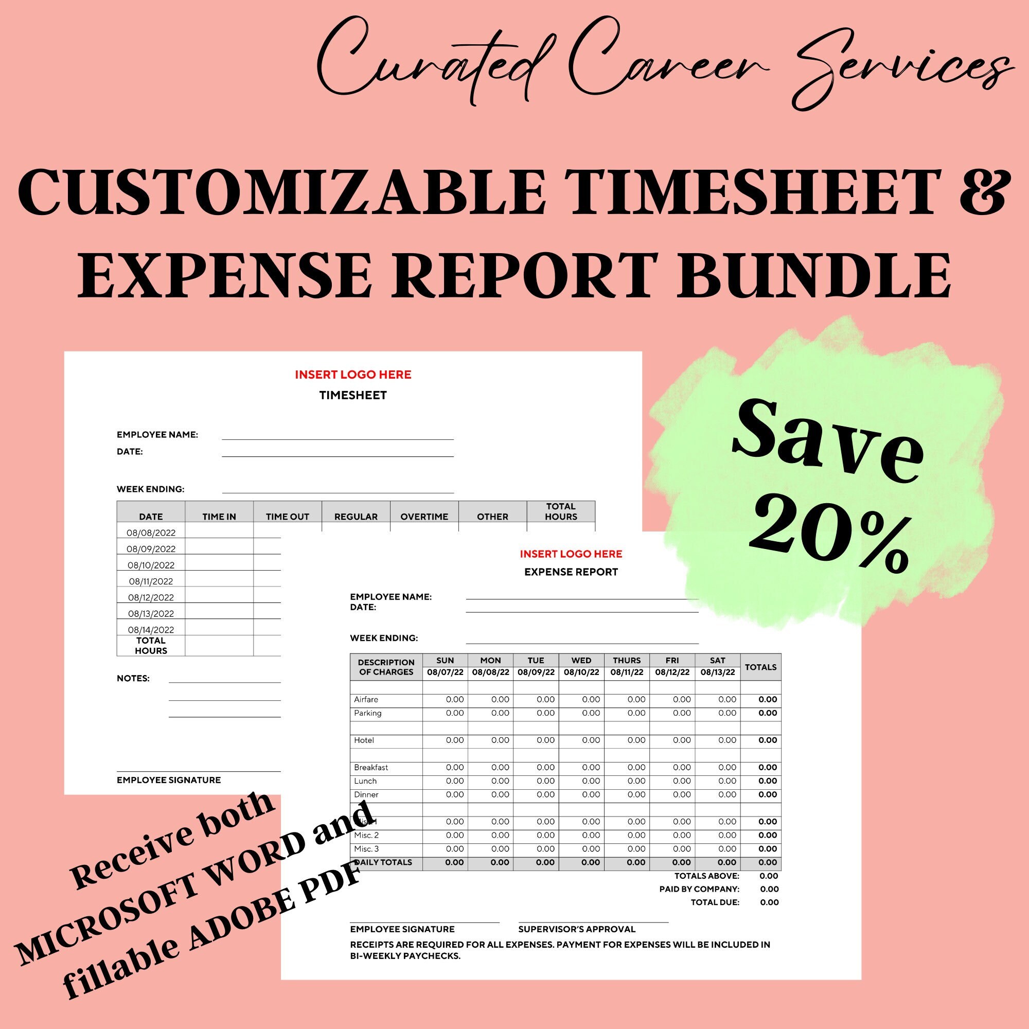 Timesheet and Expense Report Bundle – Basic Timesheet + Basic Expense Report - Etsy