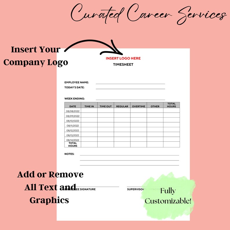 TIMESHEET CUSTOMIZABLE, Portrait, Word, Fillable Pdf, Timecard ...
