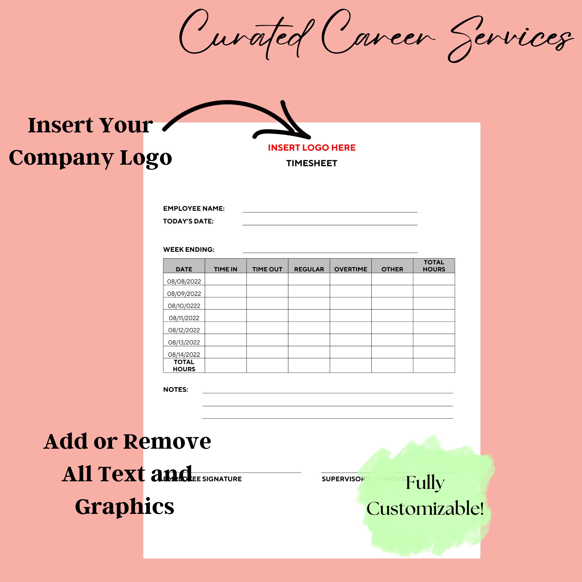 TIMESHEET CUSTOMIZABLE, Portrait, Word, Fillable Pdf, Timecard ...