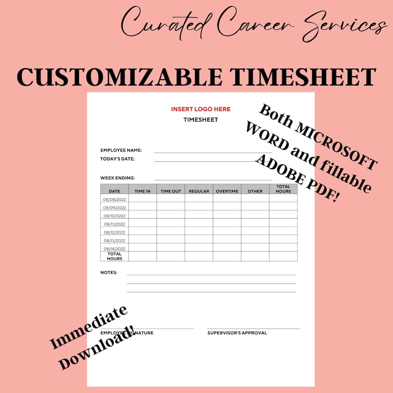 TIMESHEET CUSTOMIZABLE, Portrait, Word, Fillable Pdf, Timecard ...