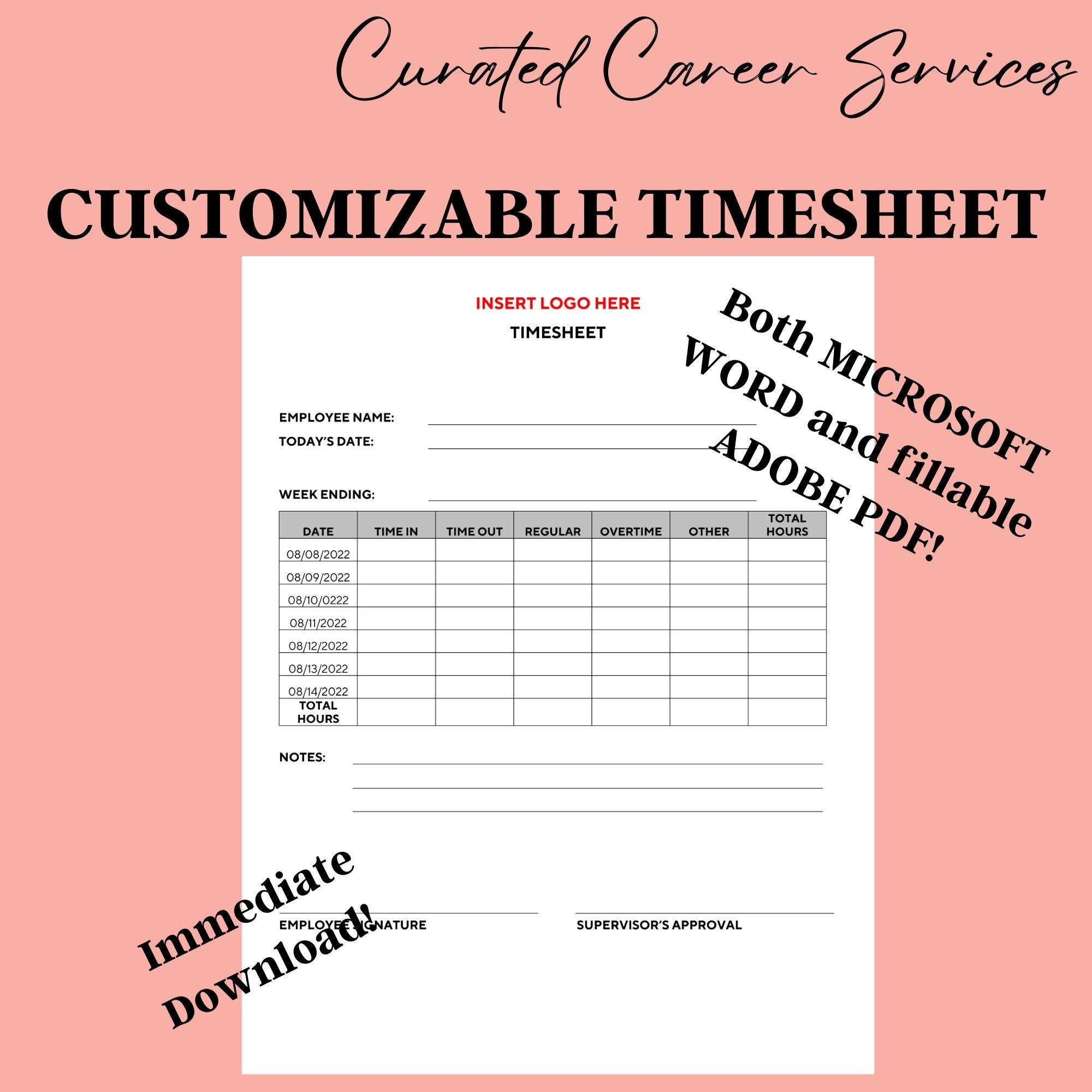 TIMESHEET CUSTOMIZABLE, Portrait, Word, Fillable Pdf, Timecard, Employee Onboarding, Payroll ...