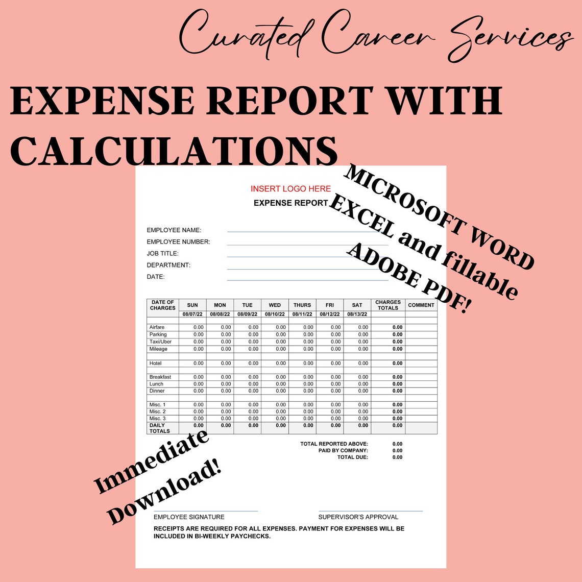 EXPENSE REPORT FORM With Formulas, Portrait, Expense Tracker, Expense ...