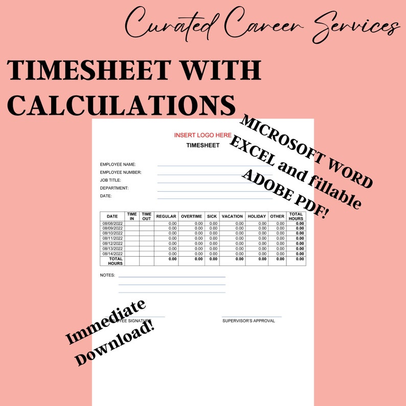 Employee Timesheet Printable, With Formulas, Customizable, Timecard ...